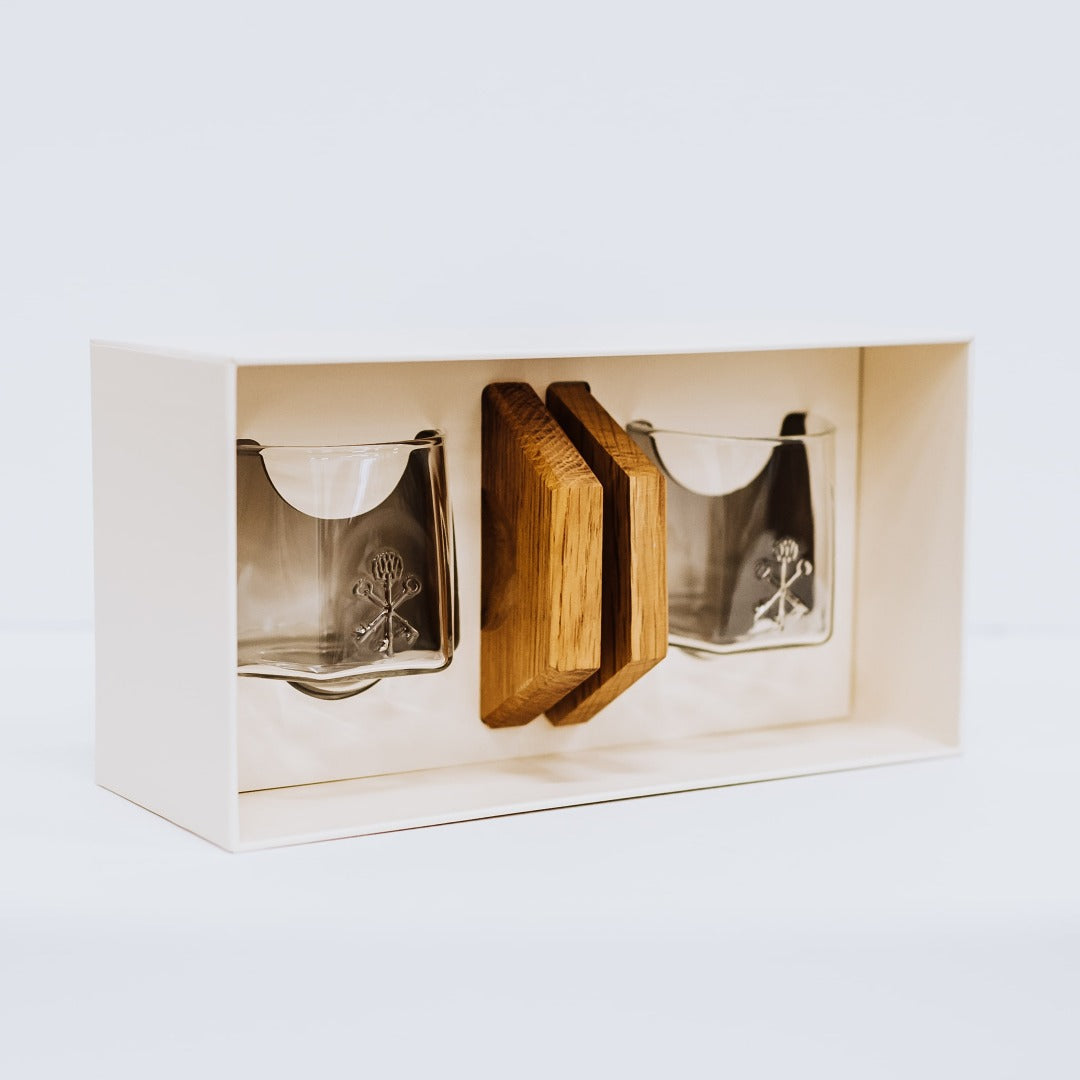 Pappy & Company Spinning Glass Set with Barrel Stave Coasters – Jones ...